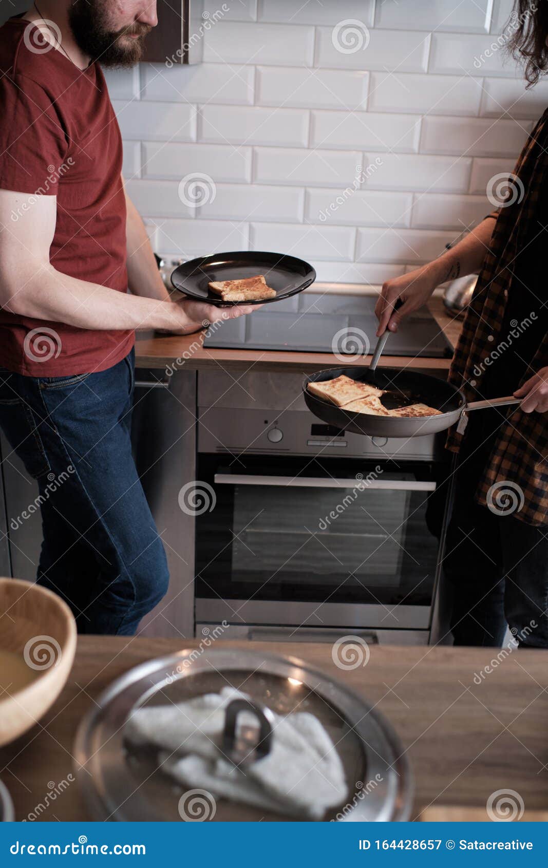 Two Men Cooking Breakfast in the Kitchen Stock Image - Image of hipster ...