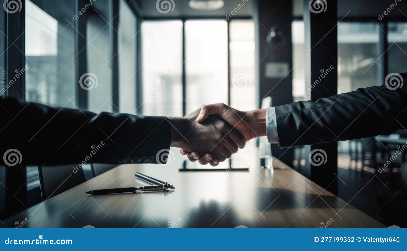 Close Up of Two People Shaking Hands at Table with Pen. Generative AI ...