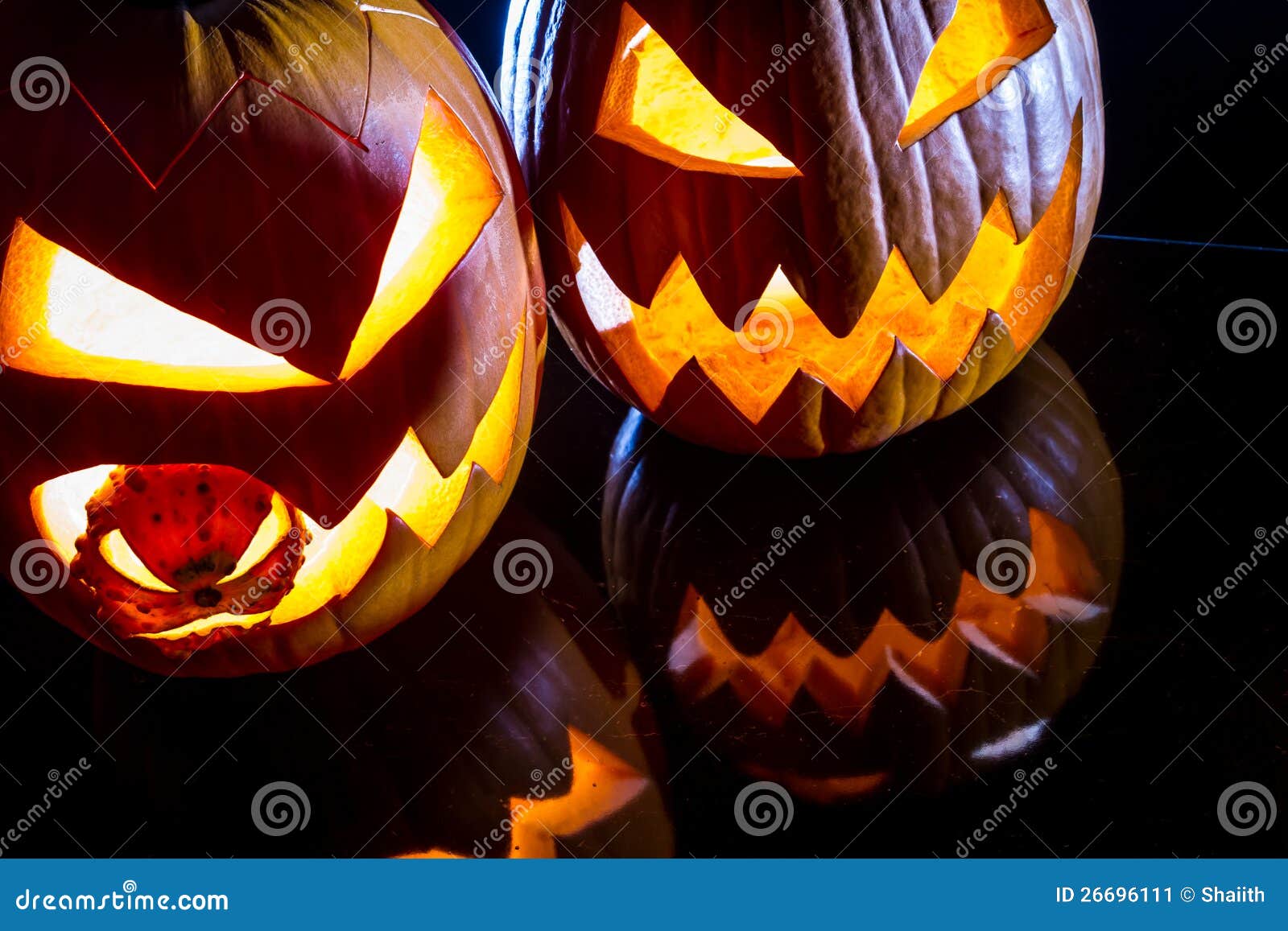 Close-up of Two Pumpkins for Halloween Stock Image - Image of glowing ...