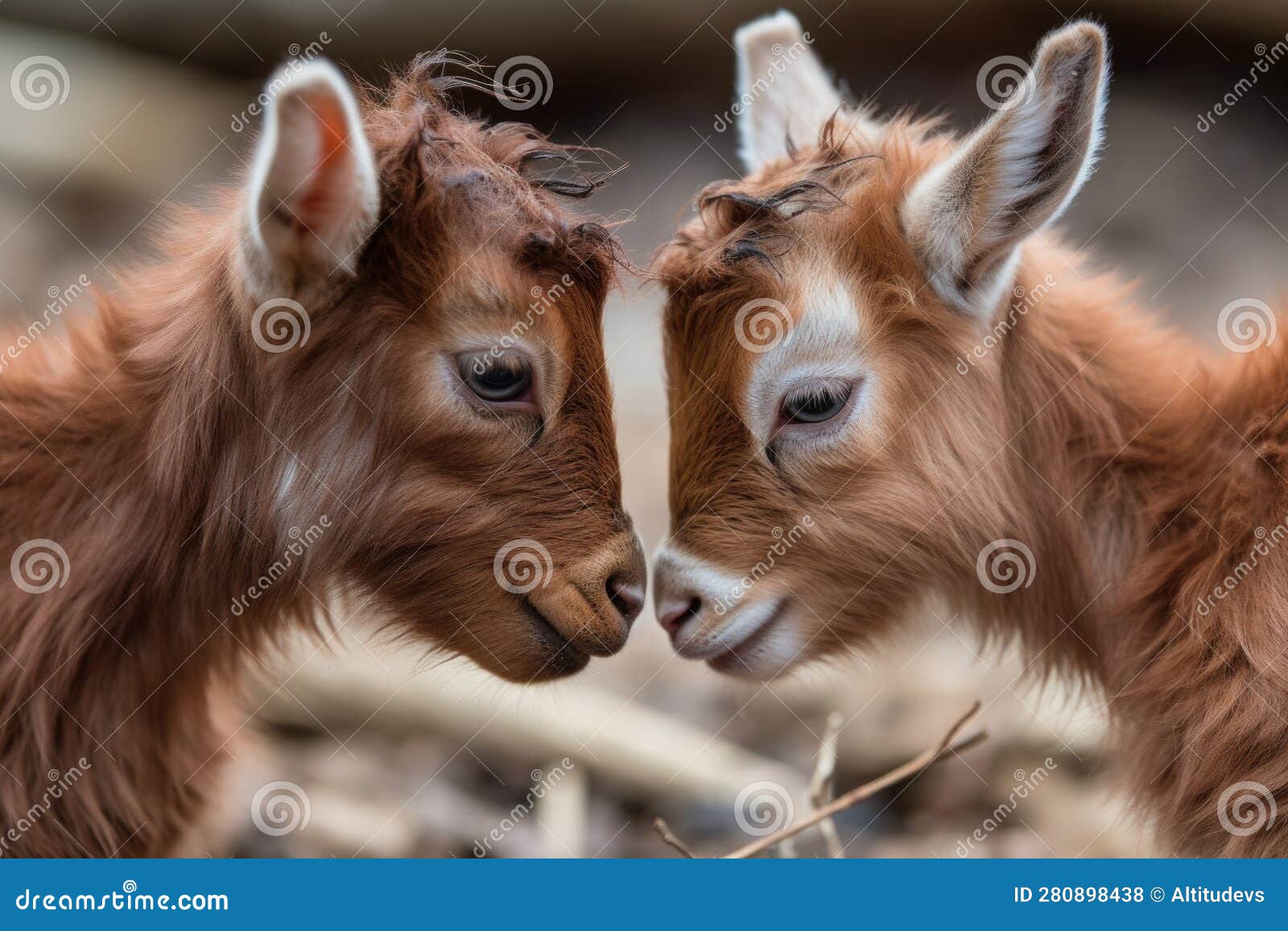 Close-up of Two Tiny Goats Butting Heads with Their Horns Stock Photo ...