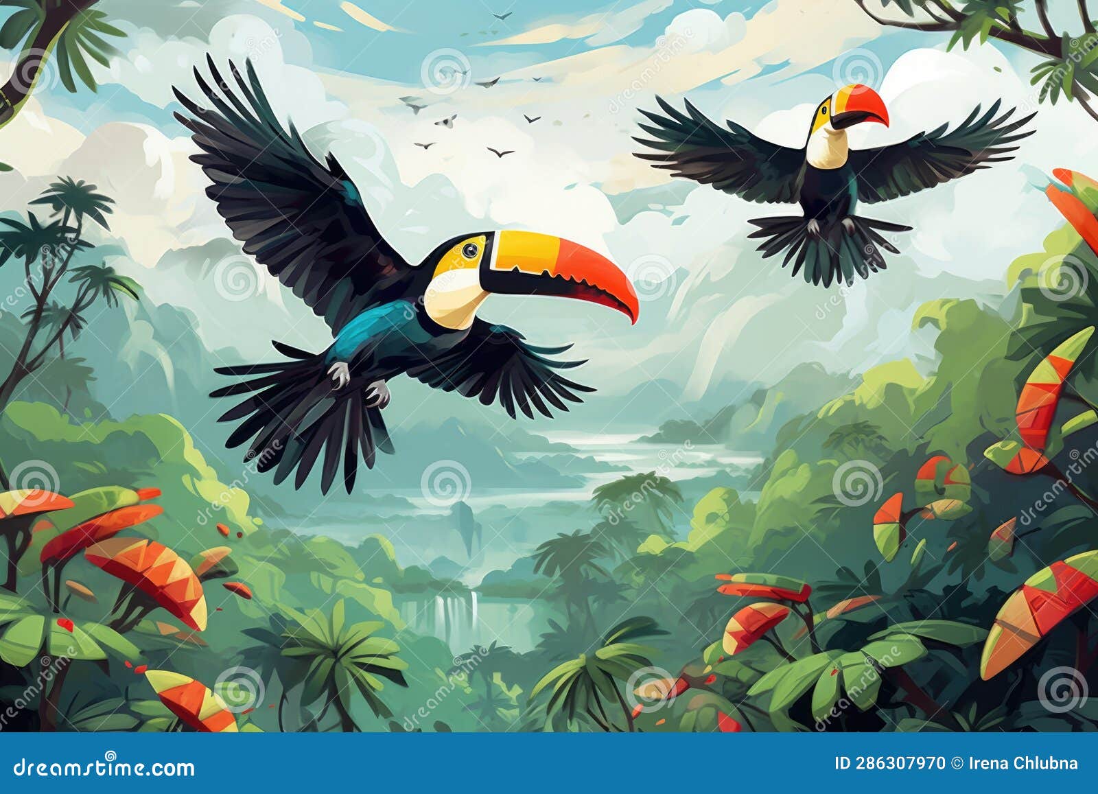 Close-up of Two Toucan Flying Outdoors Stock Illustration ...
