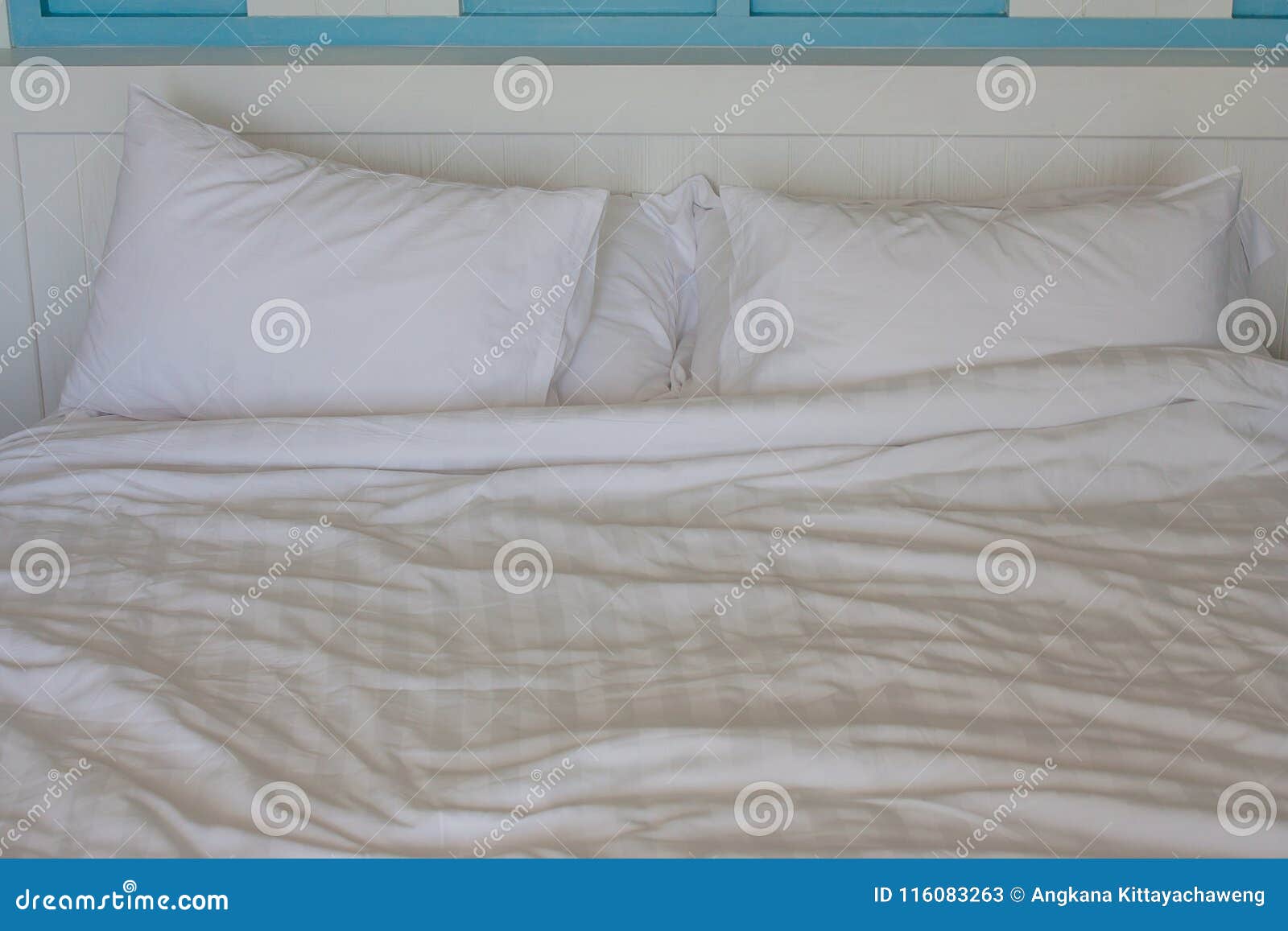 Close Up Two White Crumpled Pillow on Bed in the Bedroom. Stock Image ...