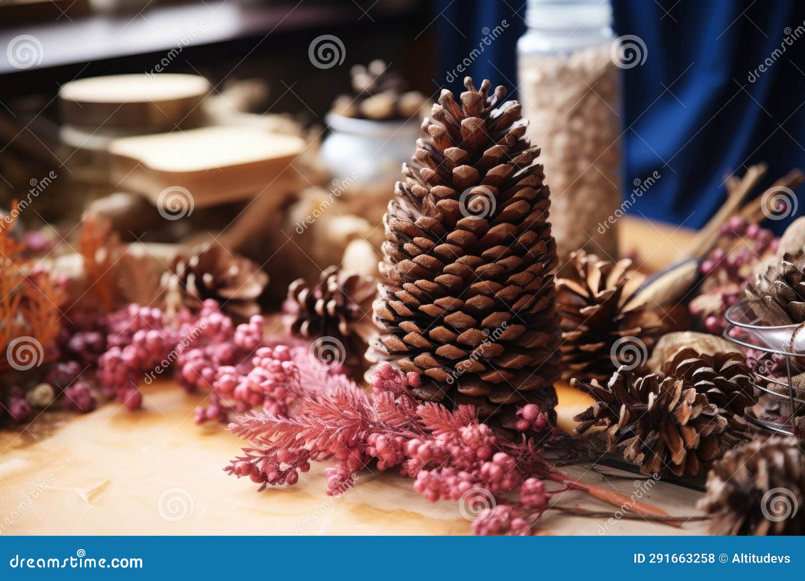 A Close Up of a Unfinished Pine Cone Centerpiece on a Crafting Table Stock Photo - Image of ...