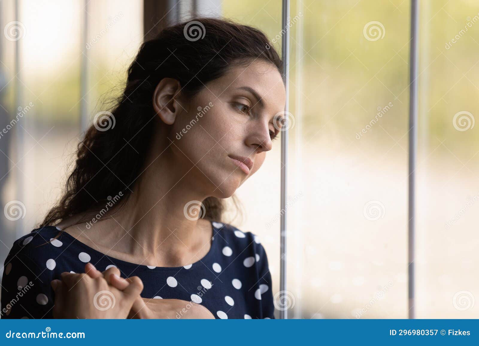 Close Up Unhappy Woman Lost In Thoughts Looking In Distance Stock