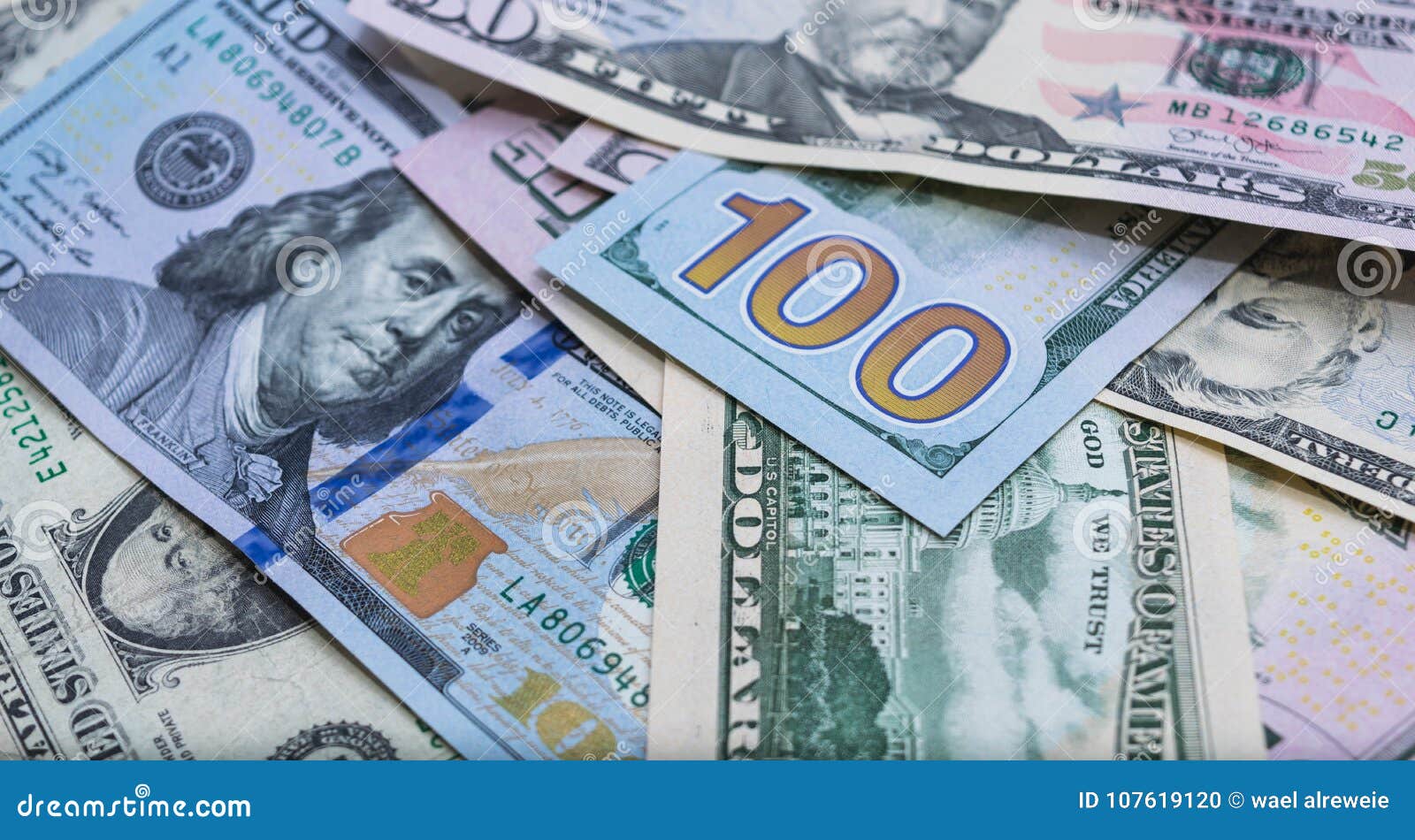 Close Up of USA Banknotes, 100 Us Dollar Note, 50 Us Dollar Notes, 20 ...