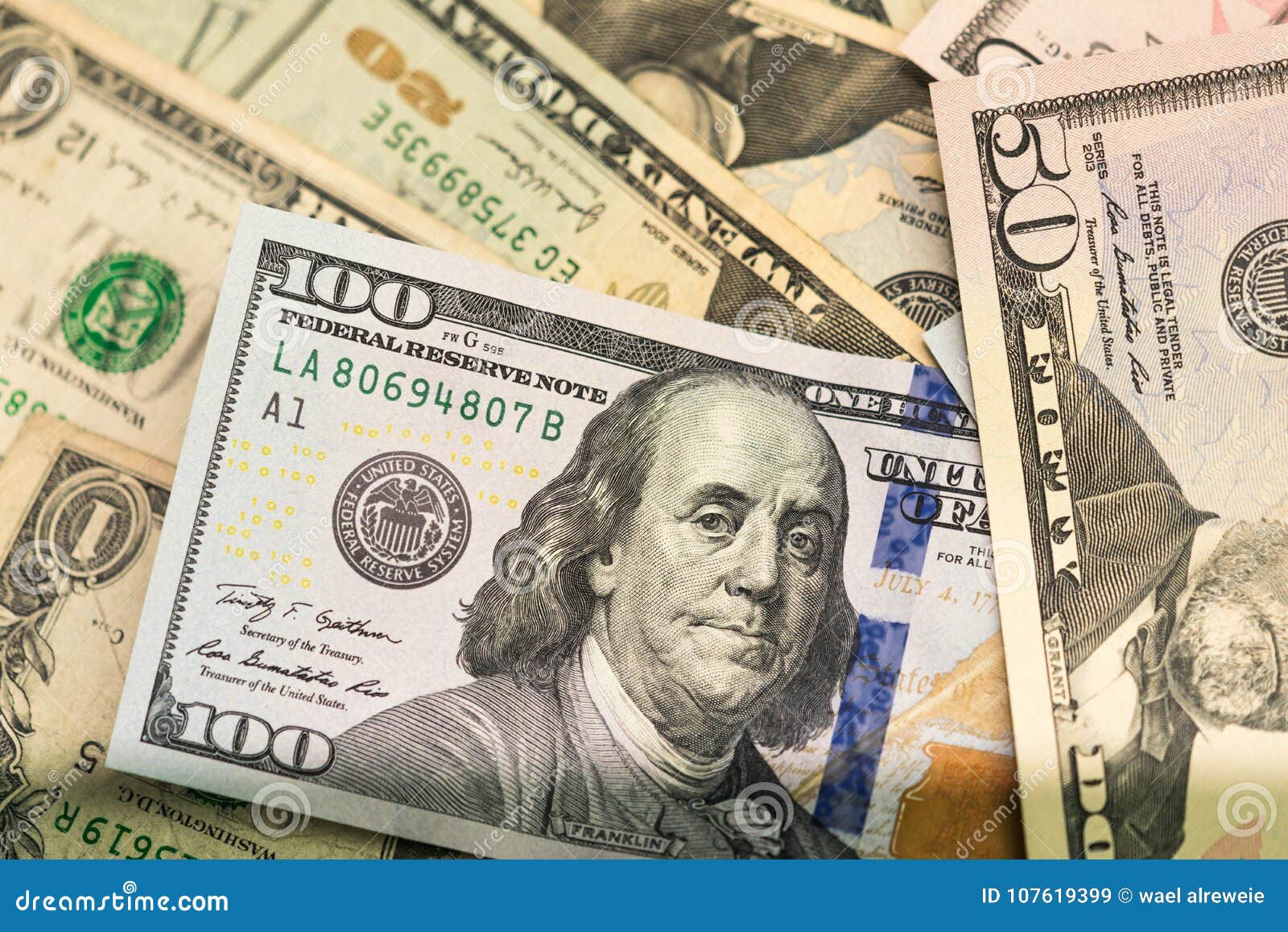 Close Up of USA Banknotes, 100 Us Dollar Note, 50 Us Dollar Notes, 20 ...