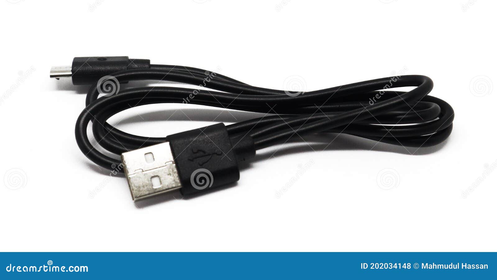 Close-up USB Cable Isolated on a White Background. Black Color Micro ...