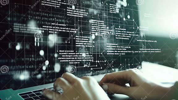 Close-up of a User Typing on a Laptop with Digital Code Overlay. Stock ...