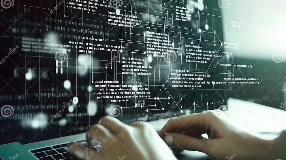 Close-up of a User Typing on a Laptop with Digital Code Overlay. Stock ...