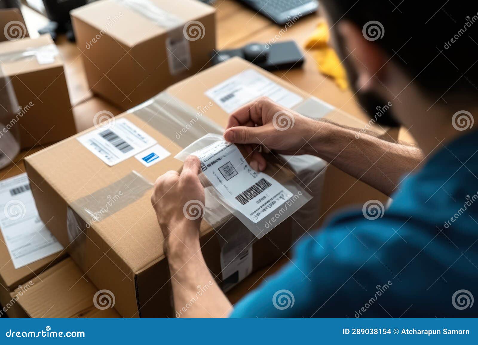 Close Up Using Stickers To Label Packages for Shipping Documents ...