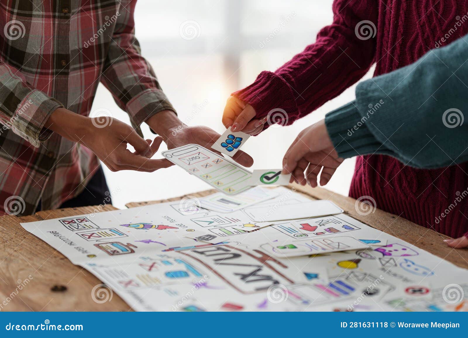 Close Up Ux Developer and Ui Designer Brainstorming Interface Wireframe ...