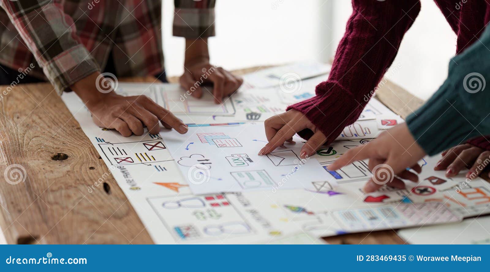 Close Up Ux Developer and Ui Designer Brainstorming Interface Wireframe ...