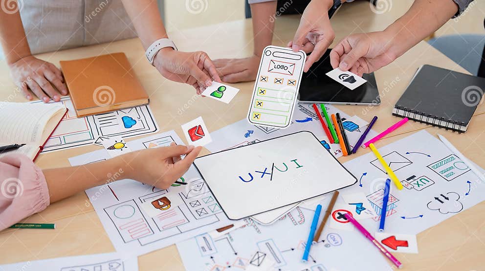 Close Up Ux Developer and Ui Designer Brainstorming Interface Wireframe ...