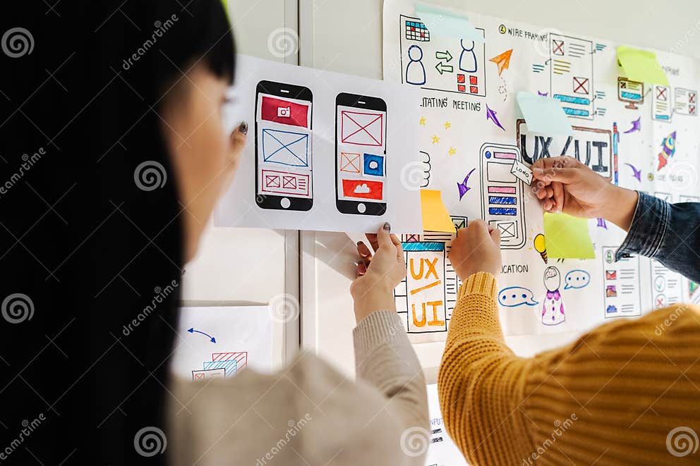 Close Up Ux Developer and Ui Designer Brainstorming Interface Wireframe ...