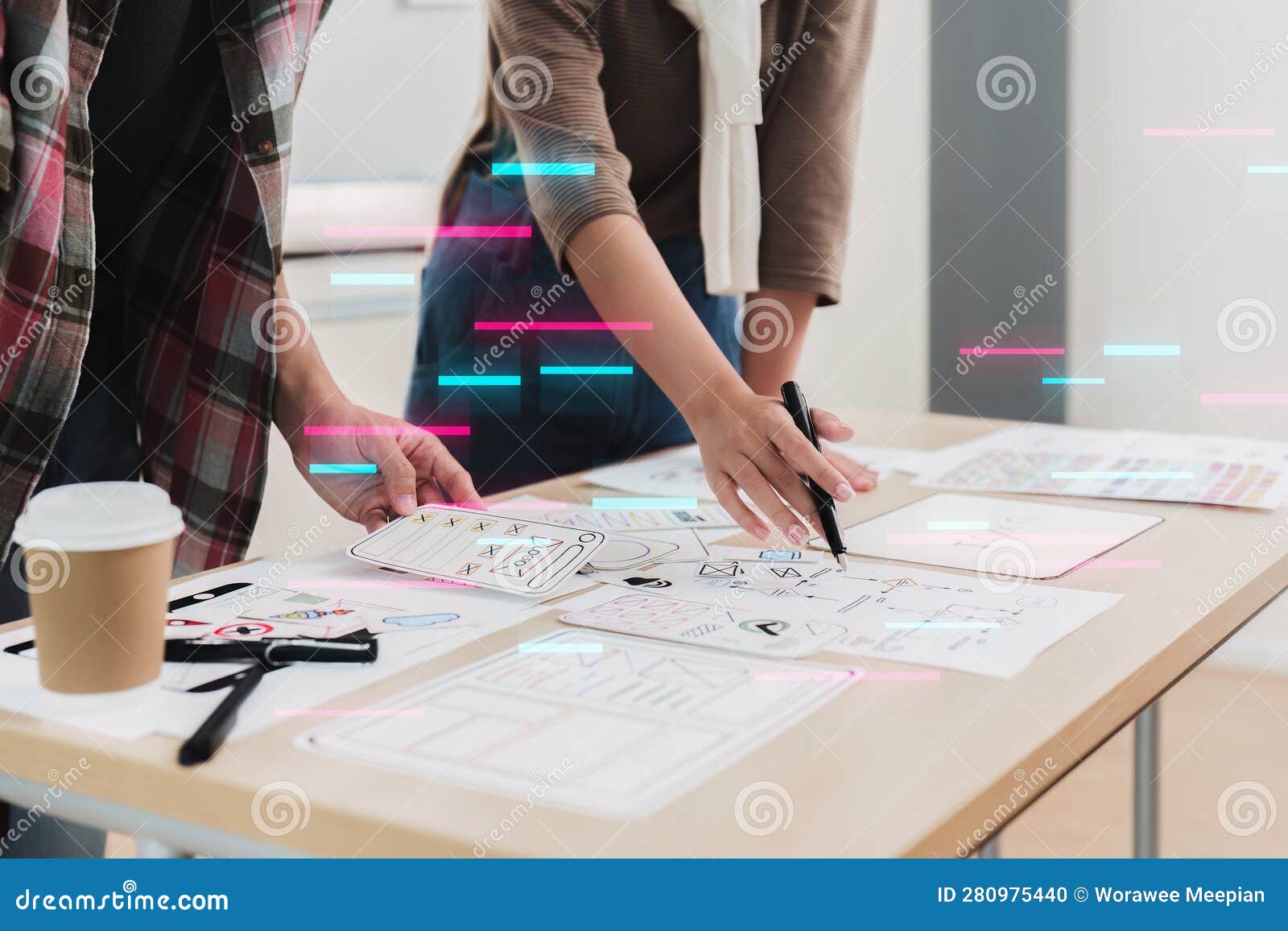 Close Up Ux Developer and Ui Designer Brainstorming Interface Wireframe ...