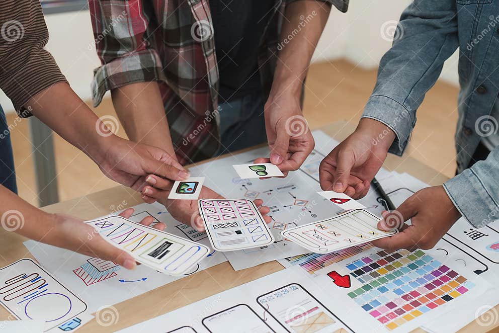 Close Up Ux Developer and Ui Designer Brainstorming Interface Wireframe ...