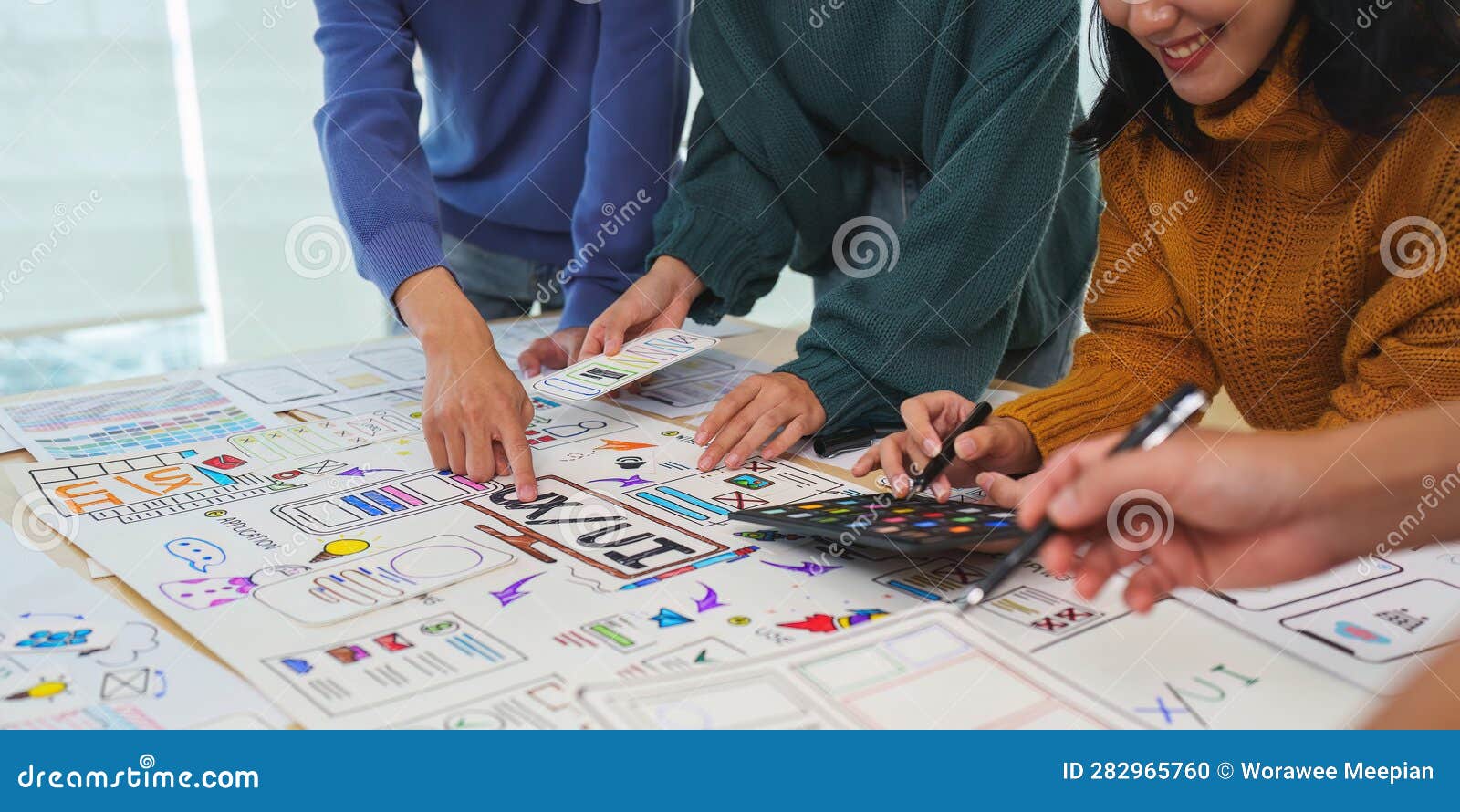 Close Up Ux Developer and Ui Designer Brainstorming Interface Wireframe ...