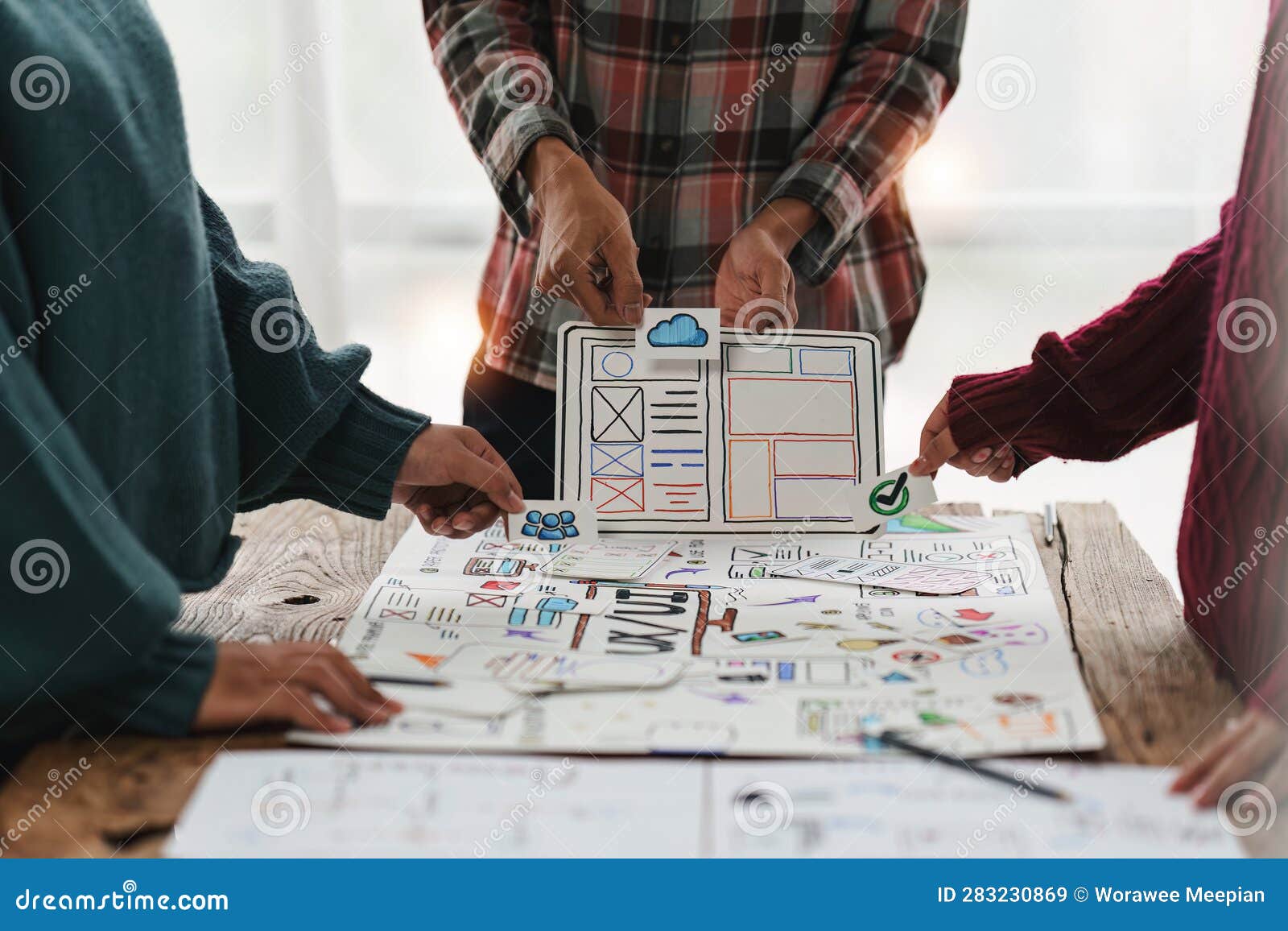 Close Up Ux Developer and Ui Designer Brainstorming Interface Wireframe ...
