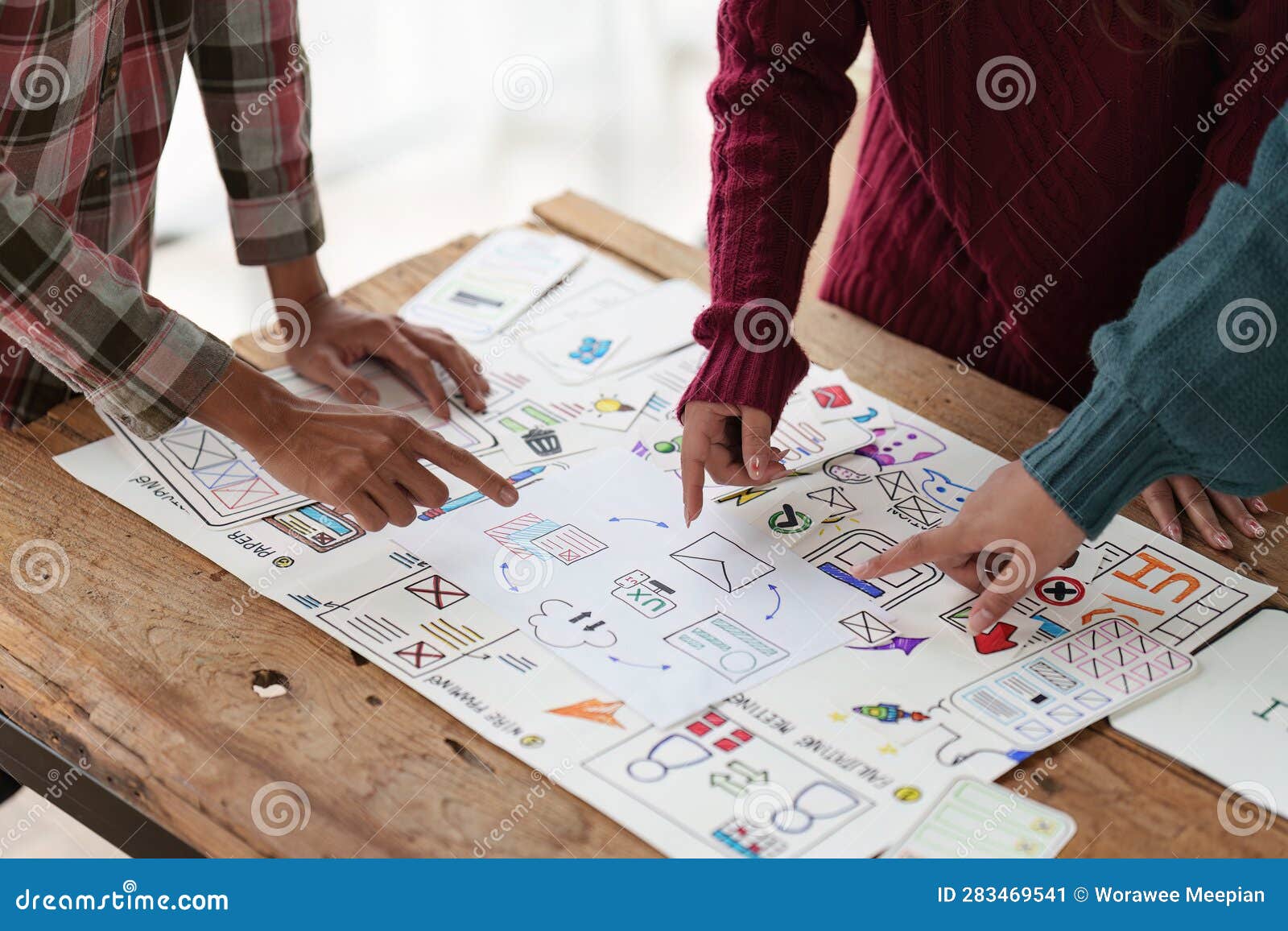Close Up Ux Developer and Ui Designer Brainstorming Interface Wireframe ...