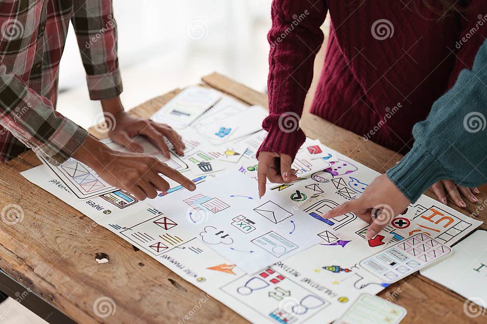 Close Up Ux Developer and Ui Designer Brainstorming Interface Wireframe ...
