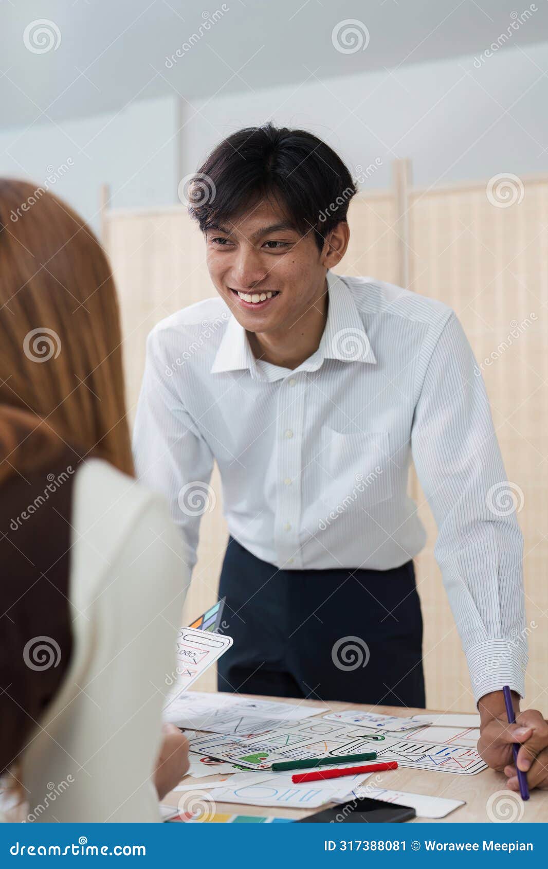 Close Up Ux Developer and Ui Designer Brainstorming Interface Wireframe Design.Creative Digital ...