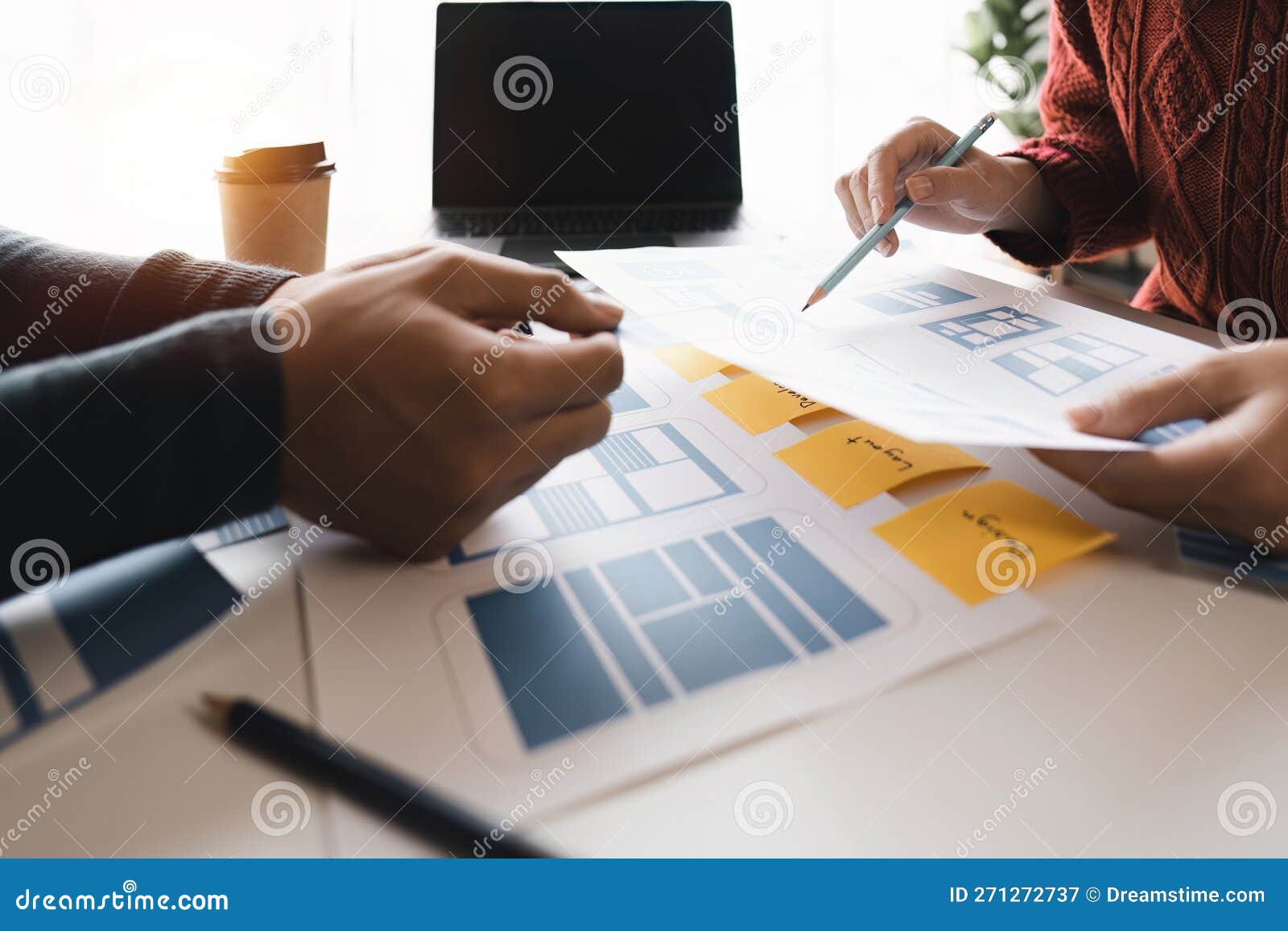 Close Up Ux Developer and Ui Designer Brainstorming about Mobile App Interface Wireframe Design ...