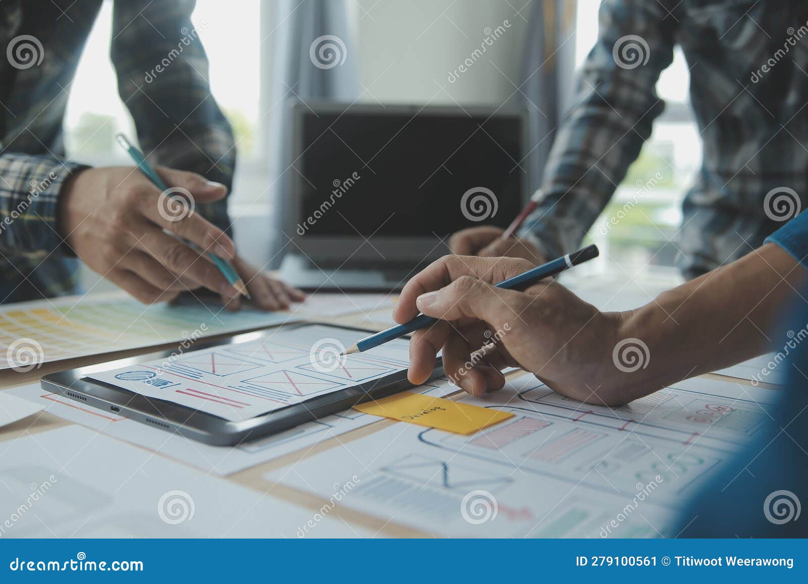 Close Up Ux Developer and Ui Designer Brainstorming about Mobile App Interface Wireframe Design ...