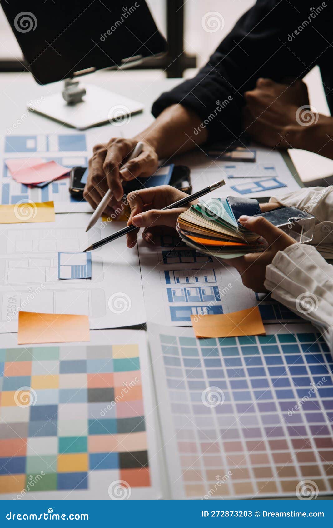 Close Up Ux Developer And Ui Designer Use Augmented Reality Brainstorming About Mobile App