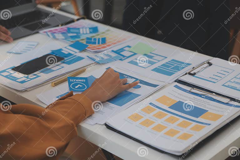 Close Up Ux Developer And Ui Designer Use Augmented Reality Brainstorming About Mobile App
