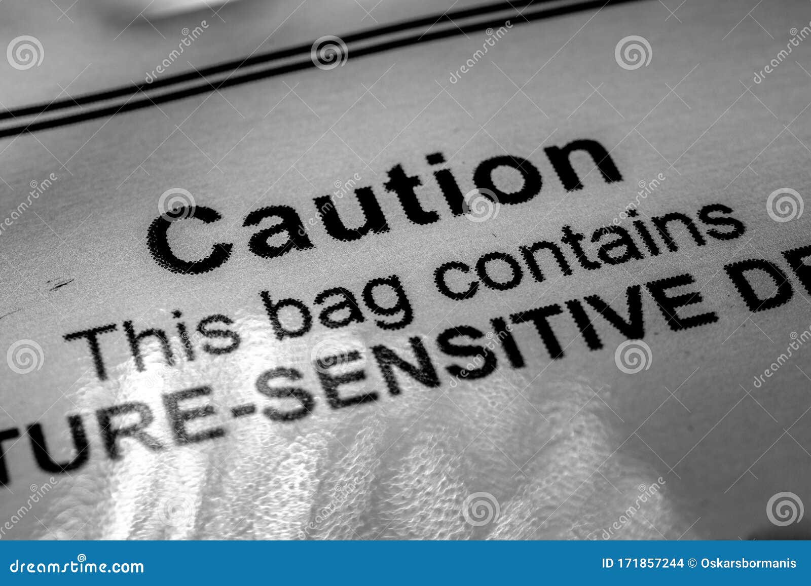 Close-up of Vacuum Barrier Bag Caution Warning of Moisture Sensitive ...