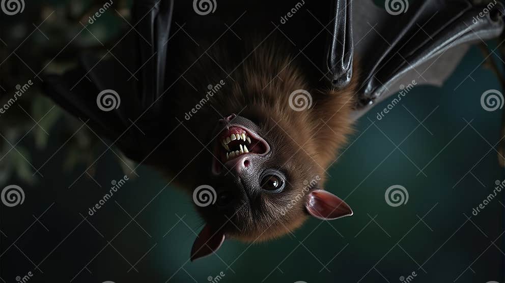 Scary Vampire Bat Hanging Upside Down with Menacing Expression Stock ...