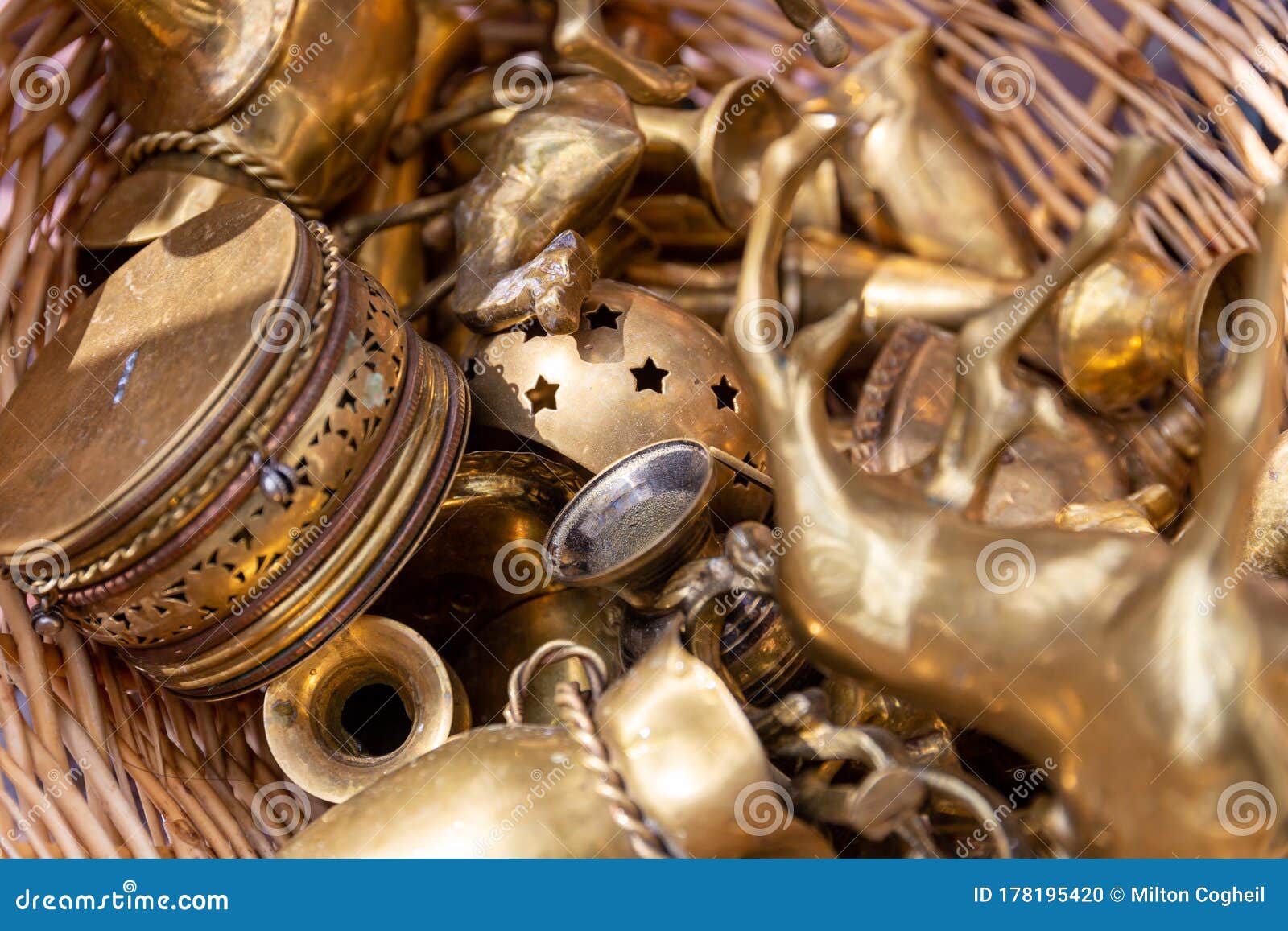 Close Up of a Variety of Brass Collectible Objects Stock Photo - Image ...