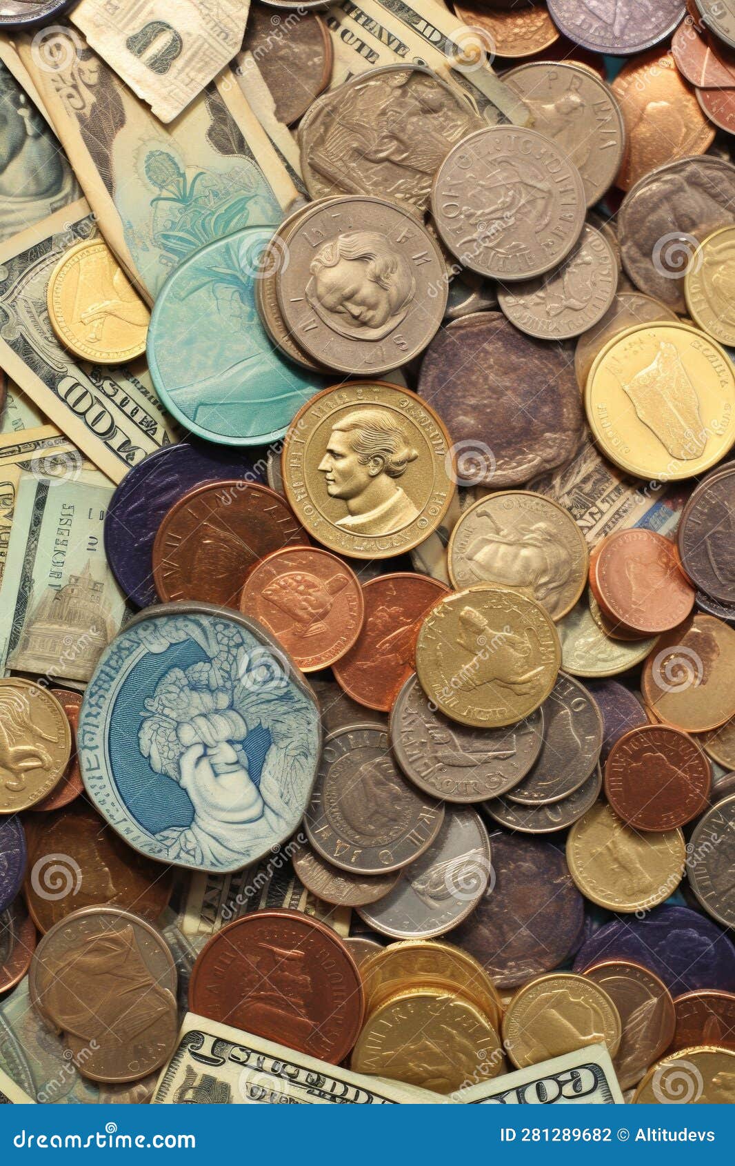 Close-up of Various Currency Banknotes and Coins Stock Illustration ...