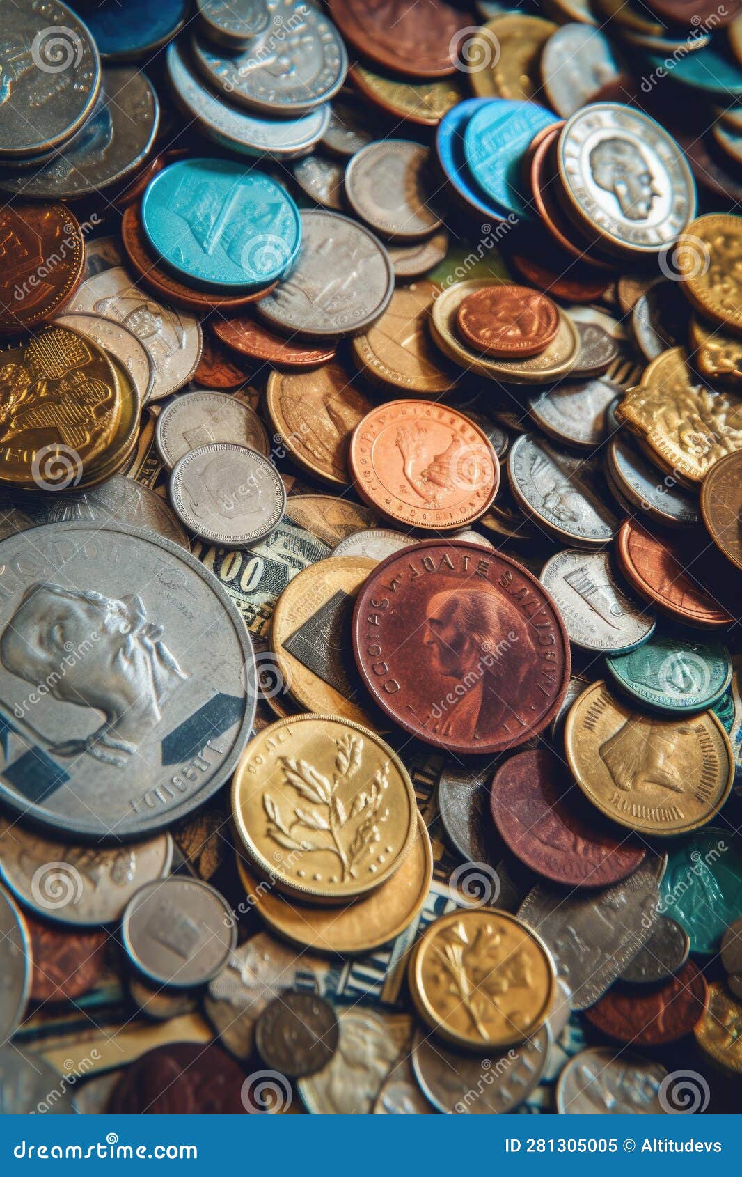 Close-up of Various Currency Banknotes and Coins Stock Illustration ...