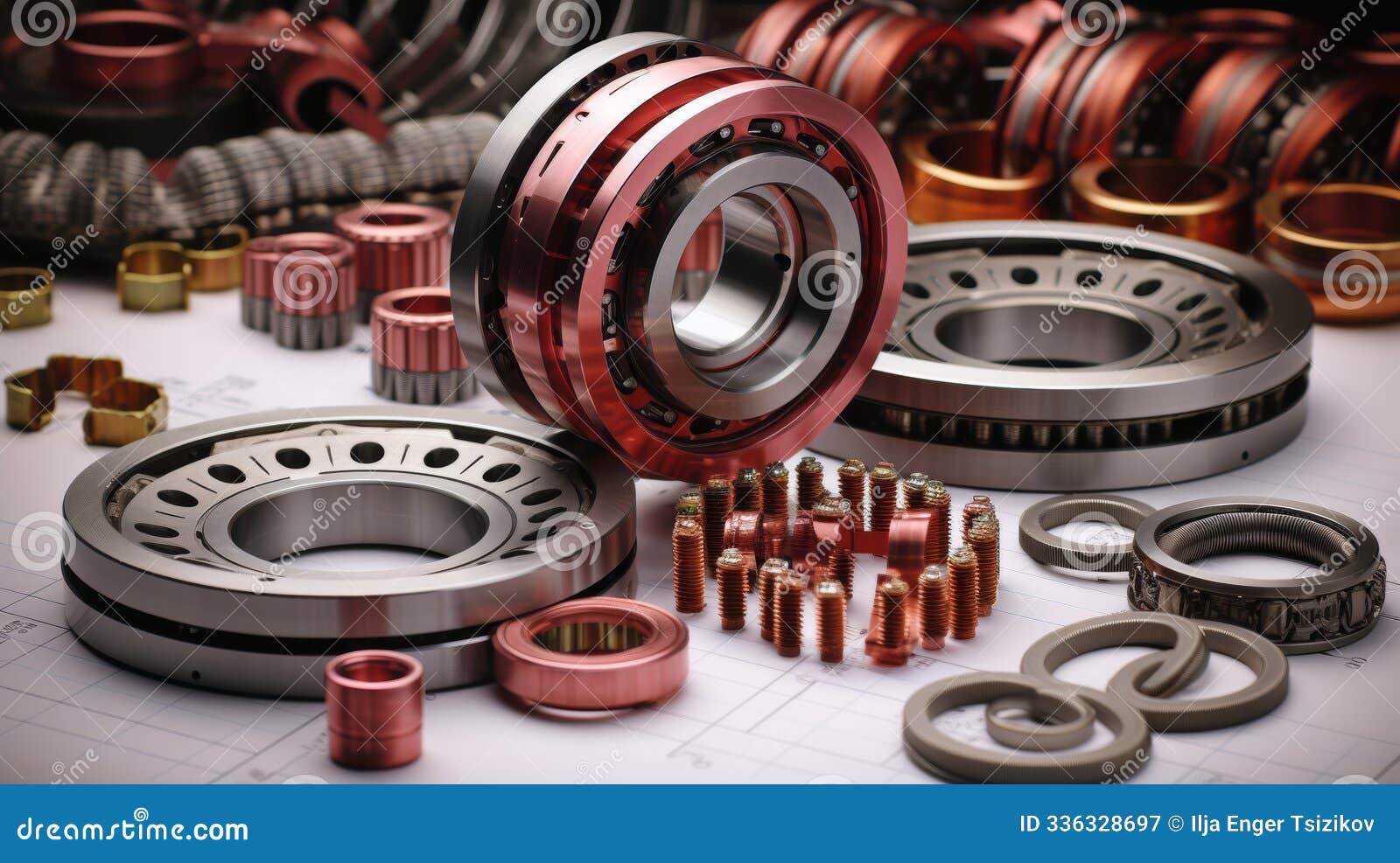 Close-up of Various Precision Ball Bearings and Mechanical Components ...