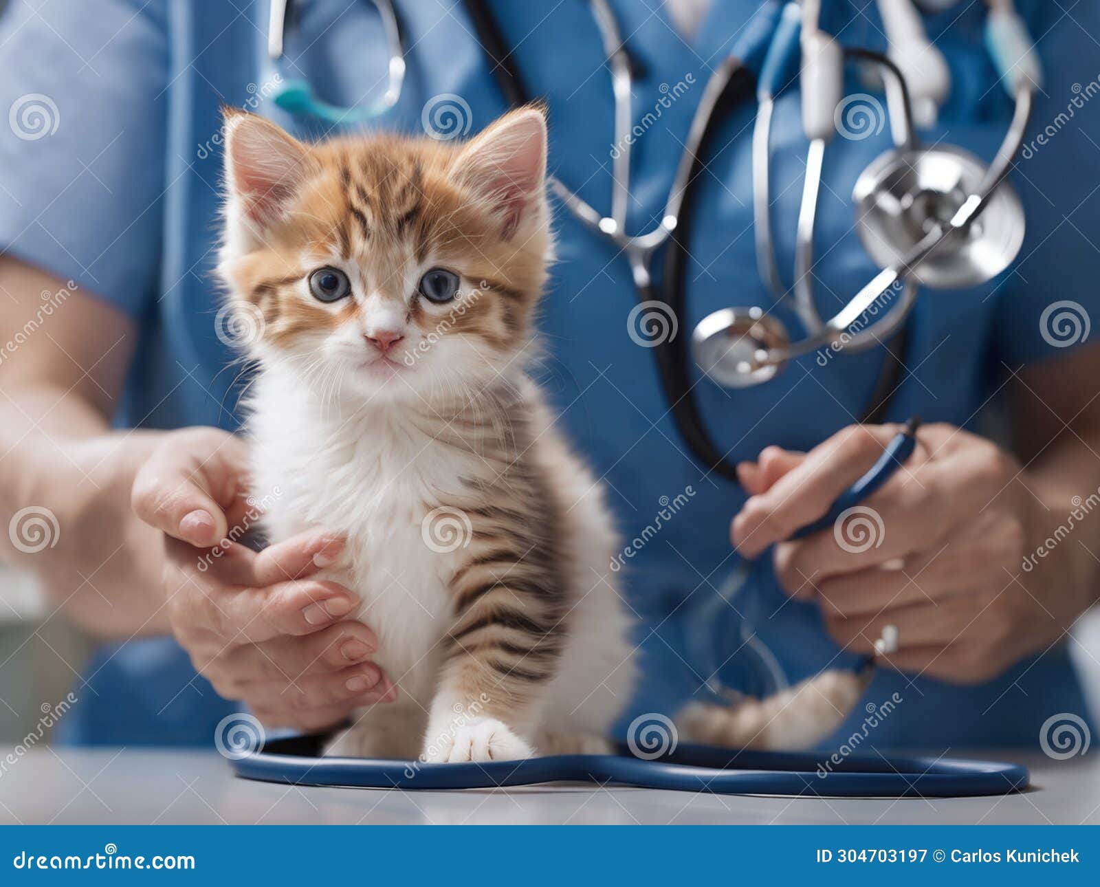 Veterinarians Hands In Rubber Gloves Holding Cat On The Table At The ...