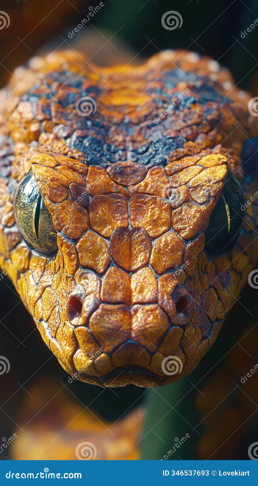 Close-up of a Vibrant Golden Python Coiled on a Branch in a Lush ...