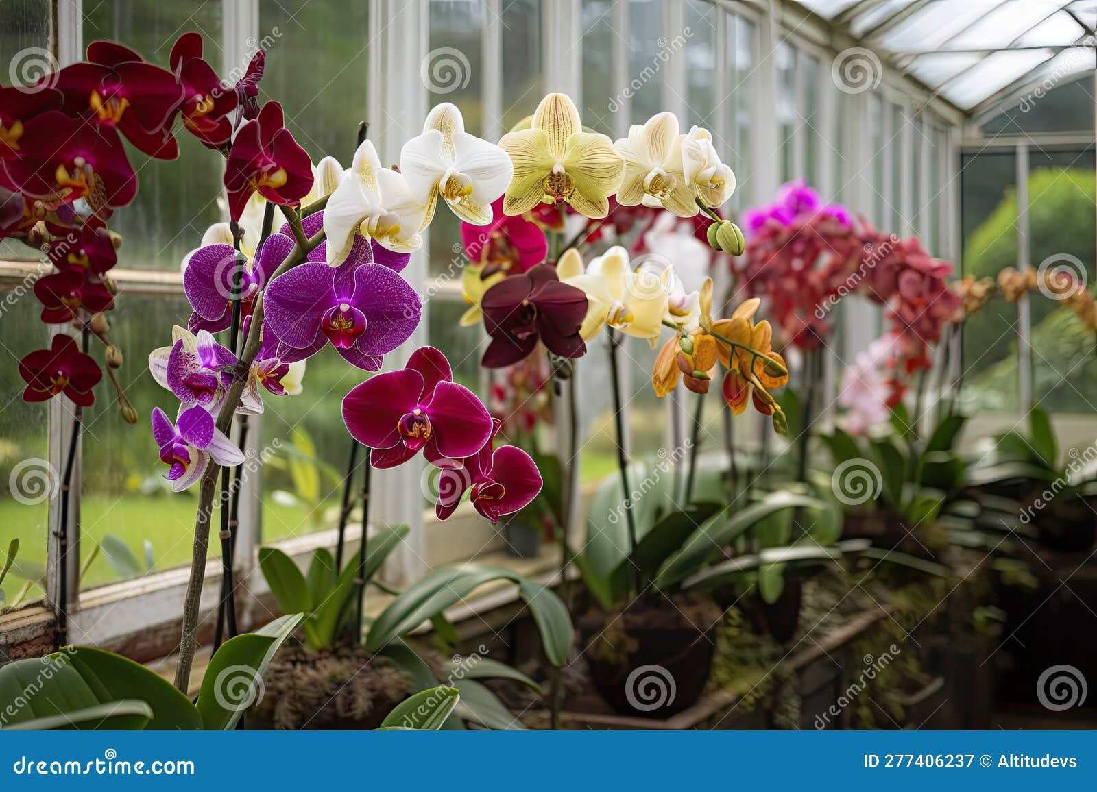 Close-up of Vibrant Orchids in Greenhouse, with Windows and Doors ...