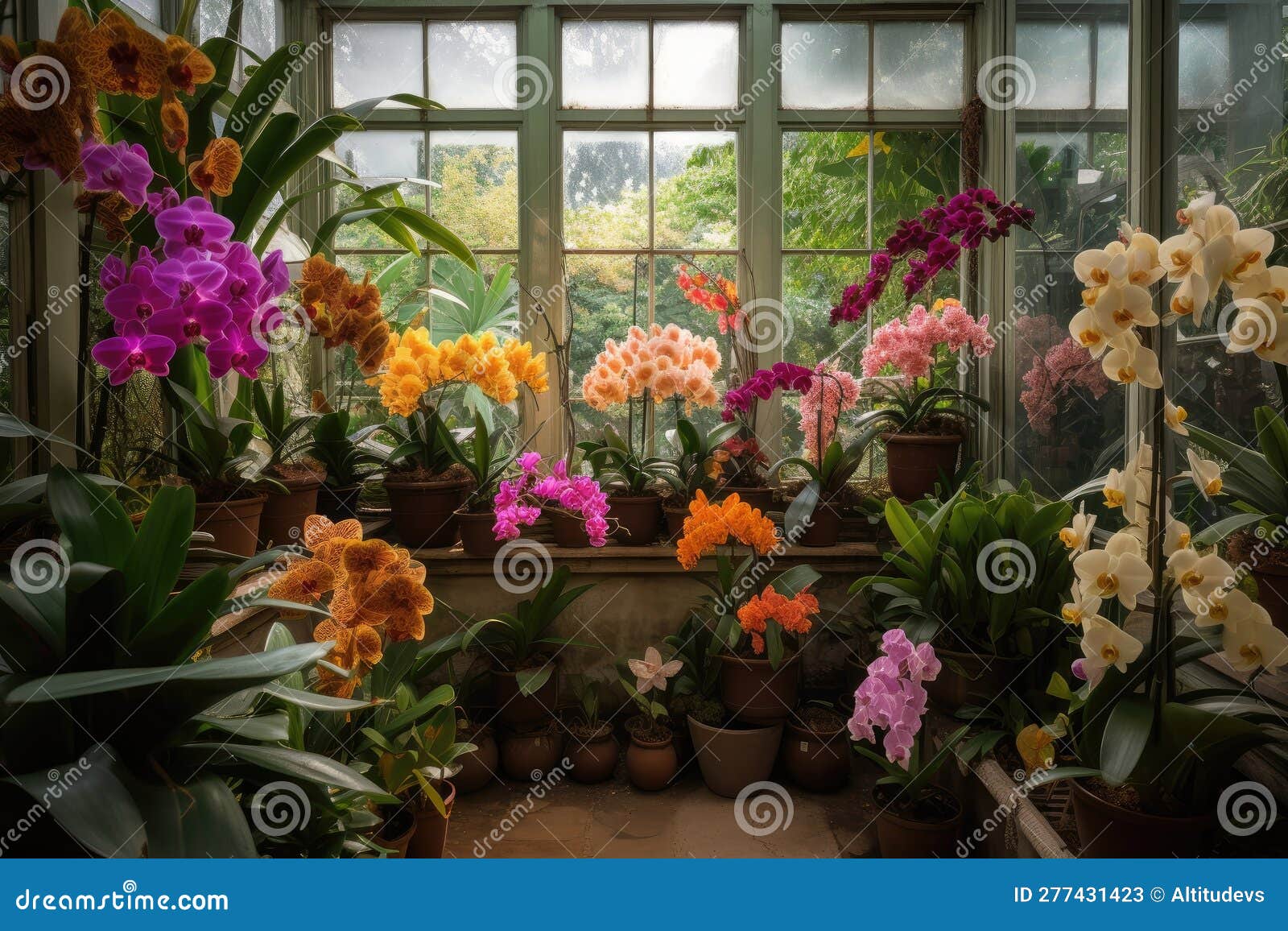 Close-up of Vibrant Orchids in Greenhouse, with Windows and Doors ...