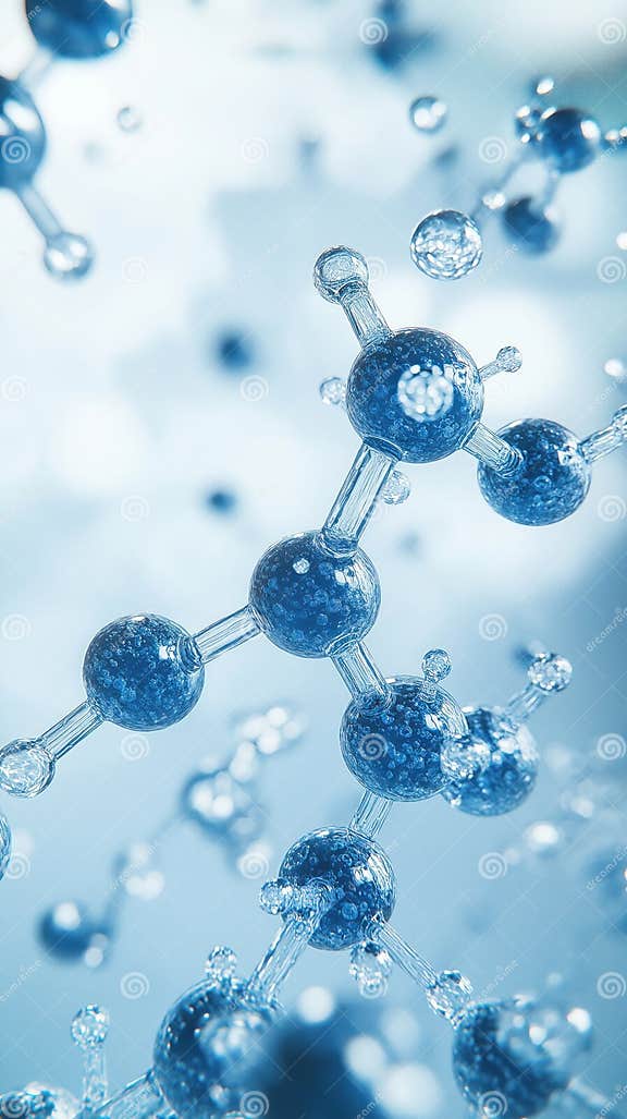 Close-up View of Abstract Blue Molecular Structures. Bubbles Highlight ...