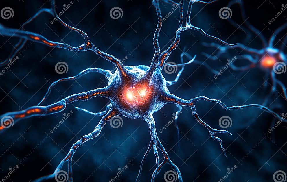A Close-up View of an Active Neuron with a Glowing Core Stock ...