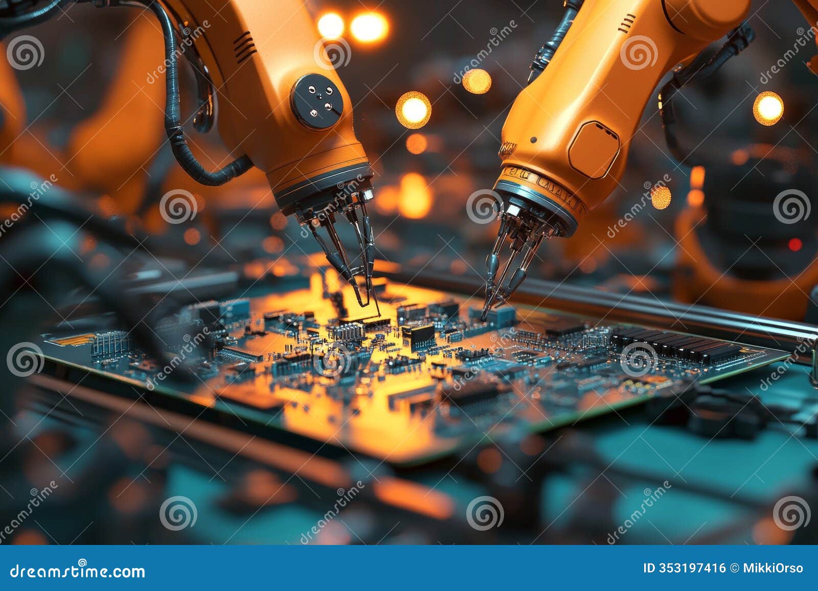 Close Up View of Advanced Circuit Board Assembly with Robotic Arms in a ...