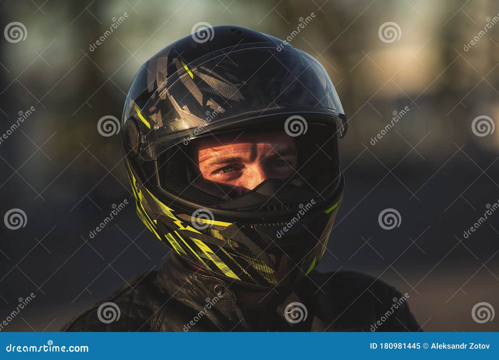 Close Up View Bikers Face in Helmet Looking Intently Concentreited at ...