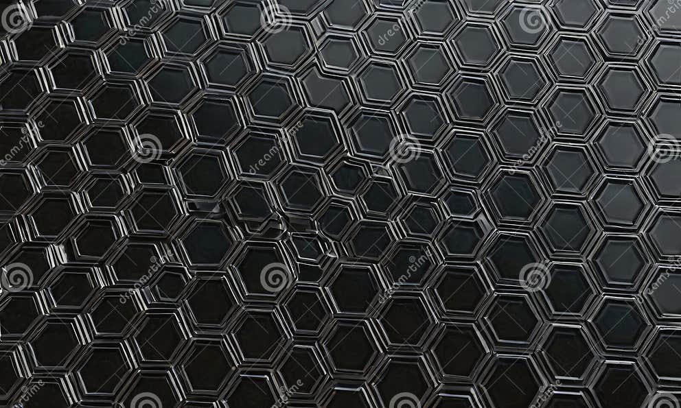 Close-up View Black Metal Surface with Repeating Hexagonal Pattern, Creating Textured and ...