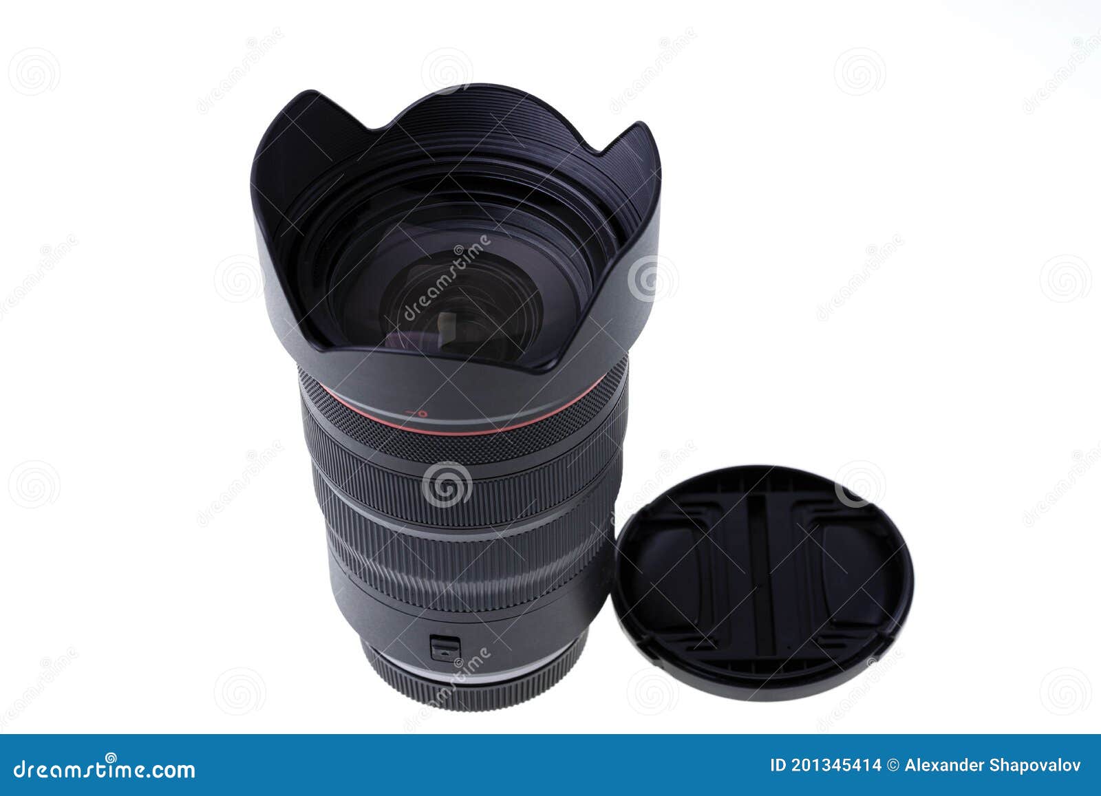 Close Up View of Black Modern Lens and Lens Cap Isolated on White ...