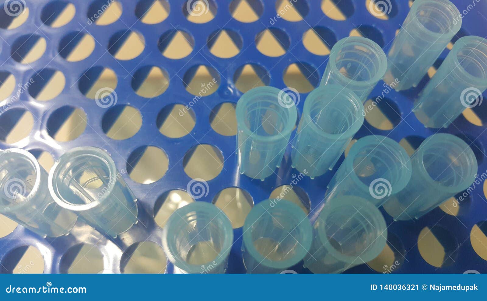 Close Up View of Blue Micro Litre Tips in Microtip Box with Empty Holes ...