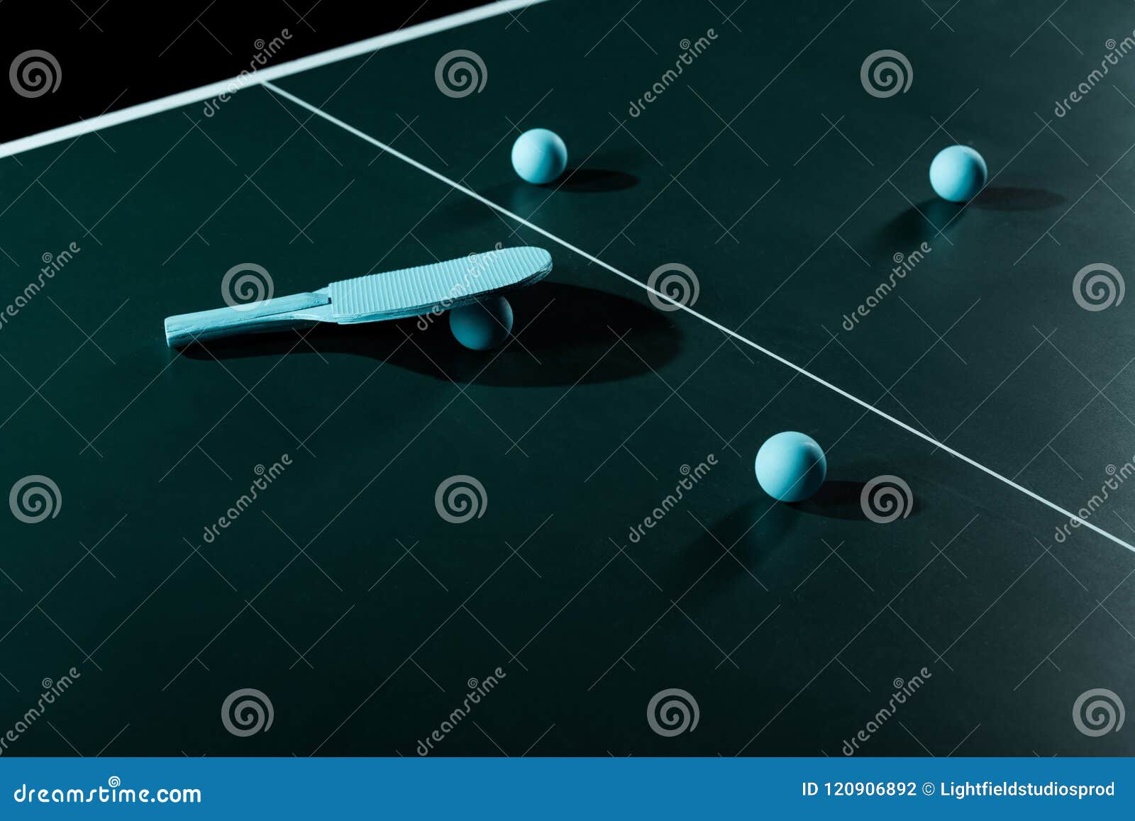 Close Up View of Blue Tennis Racket and Balls Stock Photo - Image of ...