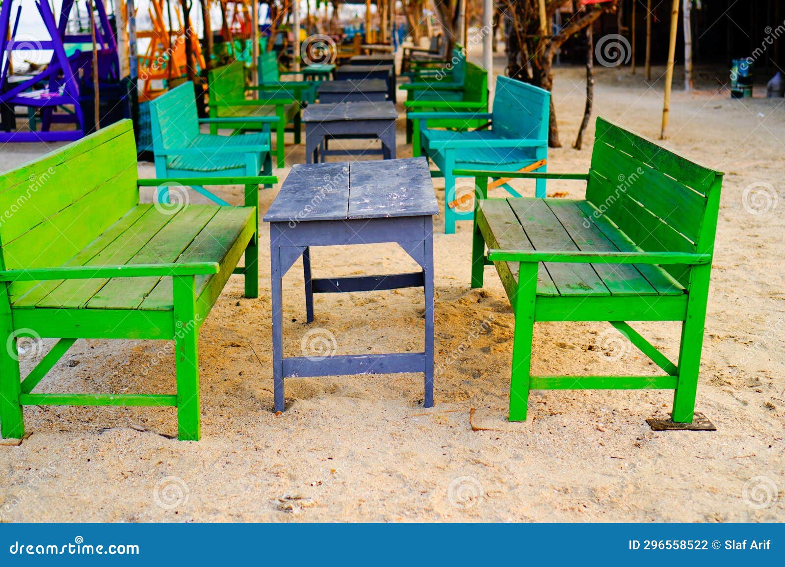 Close-up View of Cafe Benches on the Beach Sand. Stock Photo - Image of ...