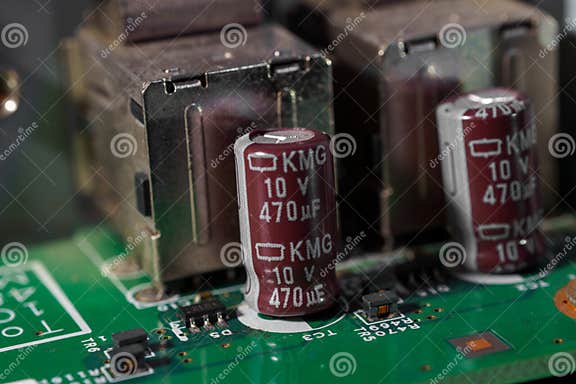 Close-up View of Capacitors on a Green Printed Circuit Board (PCB Stock ...
