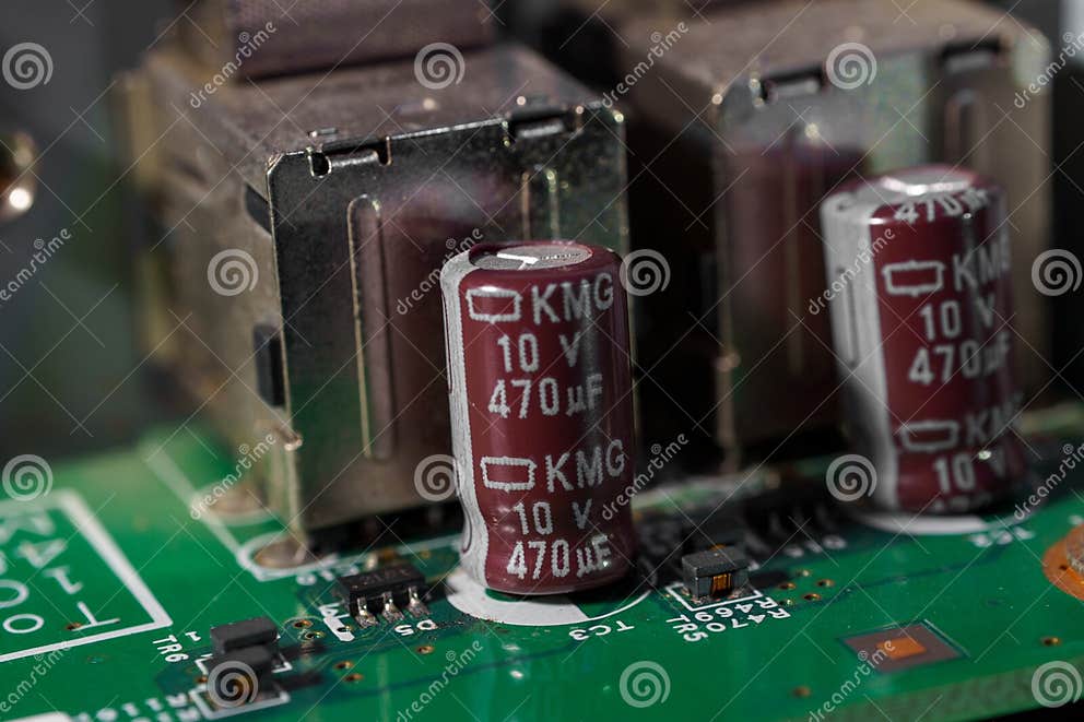 Close-up View of Capacitors on a Green Printed Circuit Board (PCB Stock ...